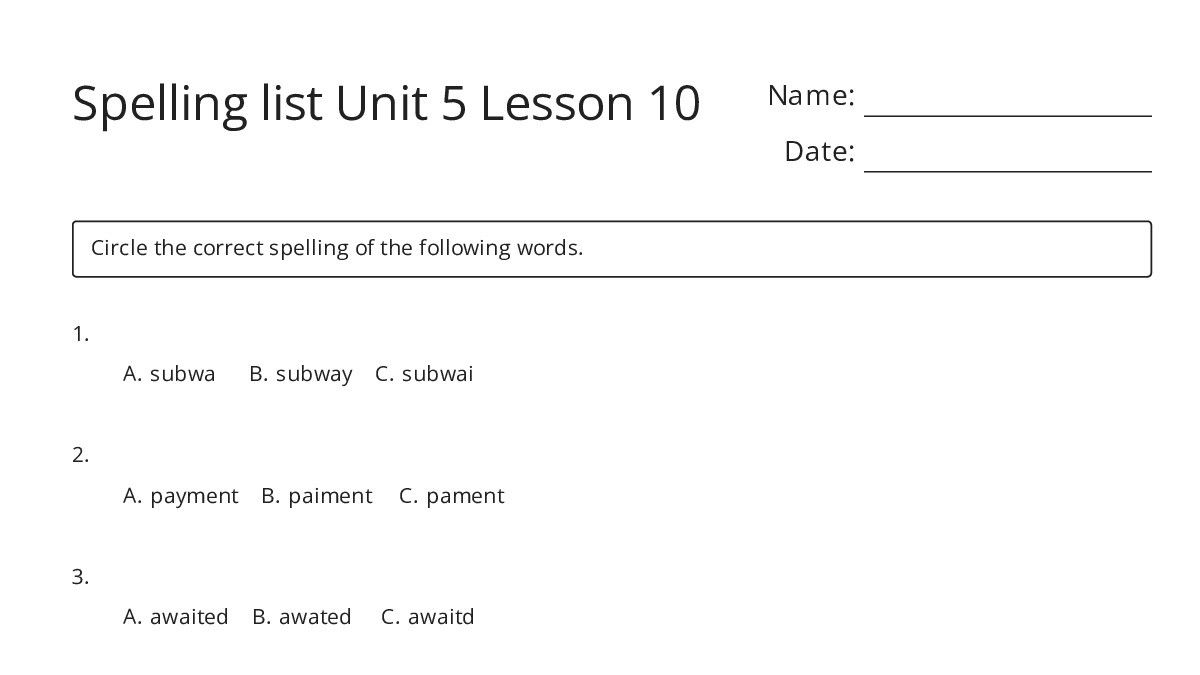 Spelling list Unit 5 Lesson 10 - My Worksheet Maker: Create Your Own ...