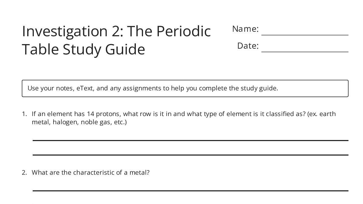 Investigation 2: The Periodic Table Study Guide - My Worksheet Maker ...