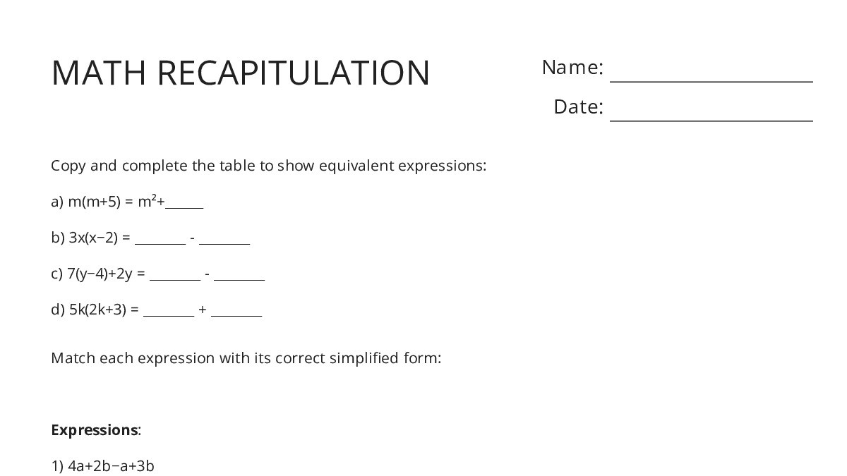 MATH RECAPITULATION - My Worksheet Maker: Create Your Own Worksheets