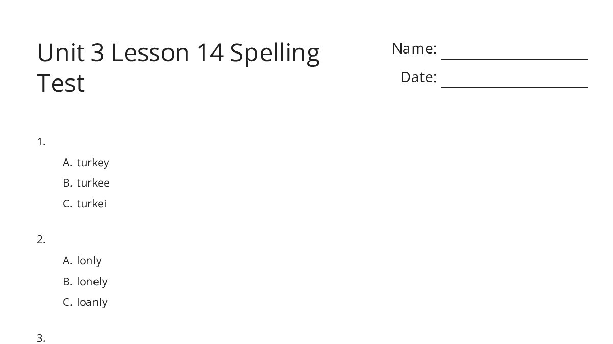 Unit 3 Lesson 14 Spelling Test - My Worksheet Maker: Create Your Own ...