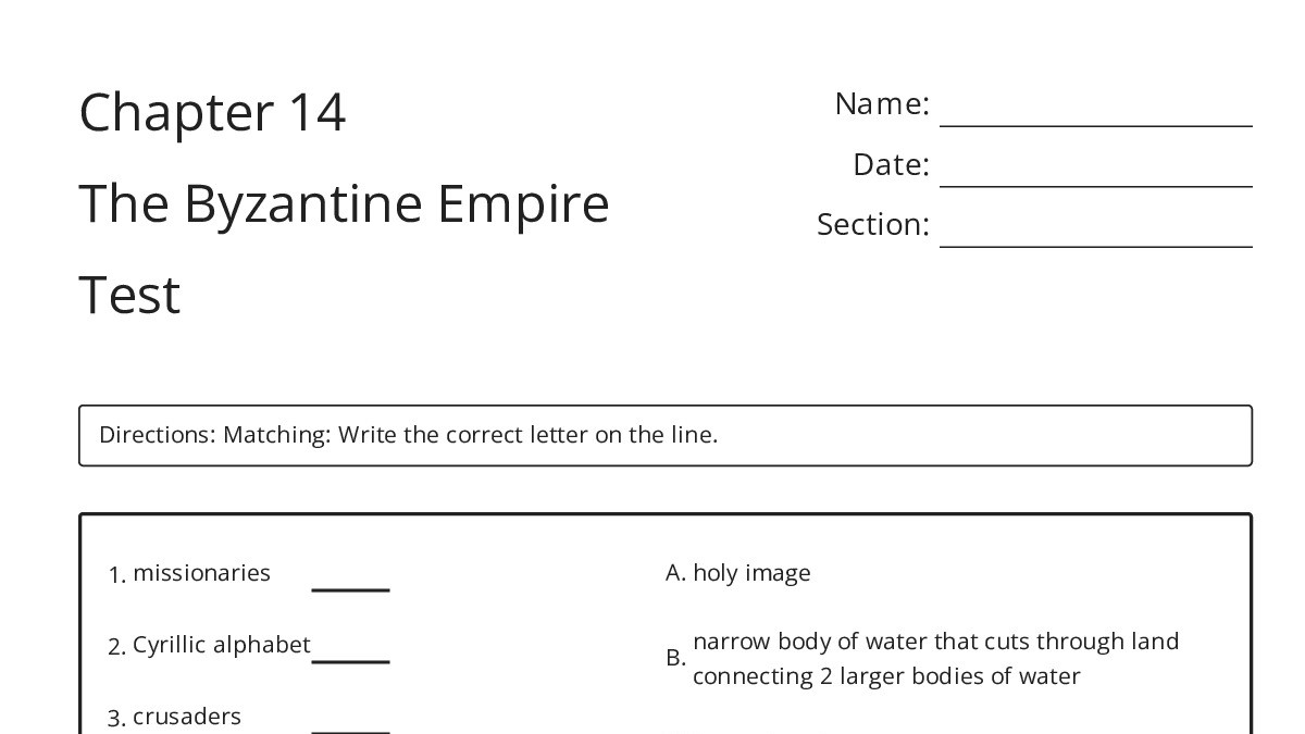 Chapter 14 The Byzantine Empire Test - My Worksheet Maker: Create Your ...