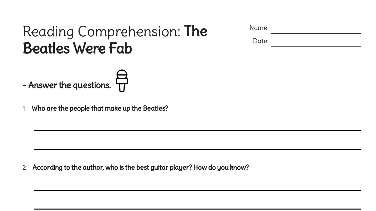 Reading Comprehension: The Beatles Were Fab - My Worksheet Maker ...
