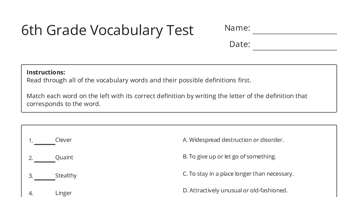 6th Grade Vocabulary Test - My Worksheet Maker: Create Your Own Worksheets