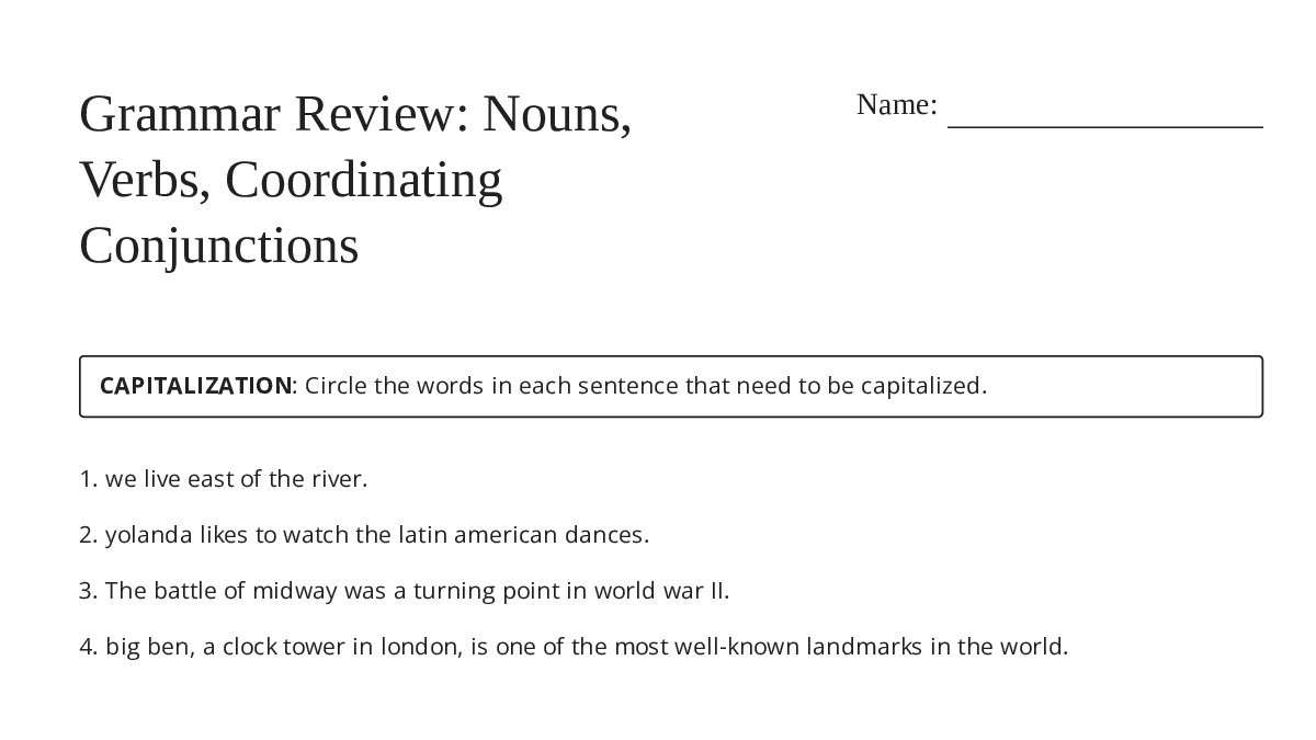 Grammar Review: Nouns, Verbs, Coordinating Conjunctions - My Worksheet ...