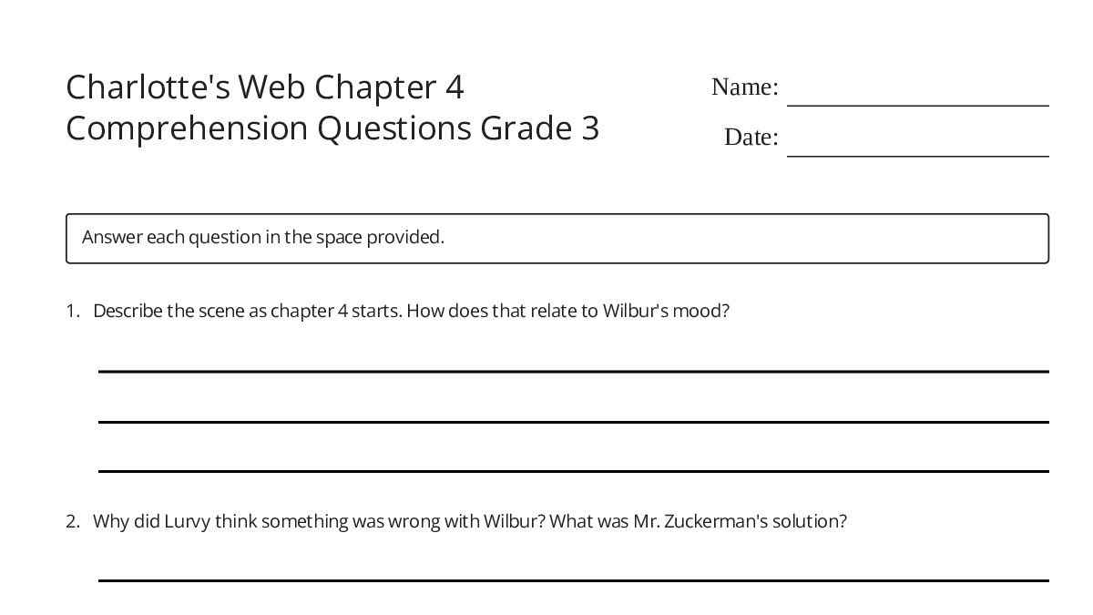 Charlotte's Web Chapter 4 Comprehension Questions Grade 3 - My ...