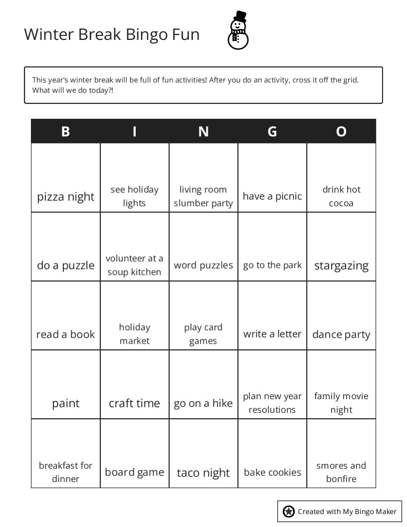 Winter Break Bingo Fun - My Bingo Maker: Create Your Own Bingo Cards
