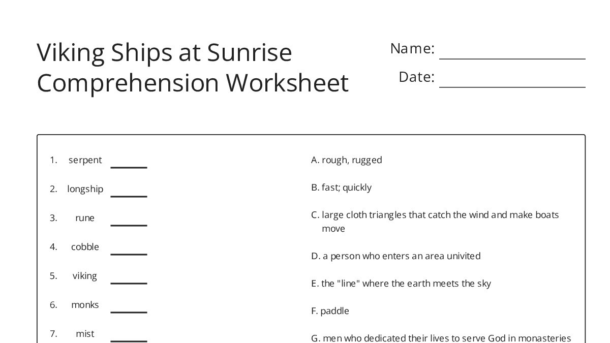 Viking Ships at Sunrise Comprehension Worksheet - My Worksheet Maker ...