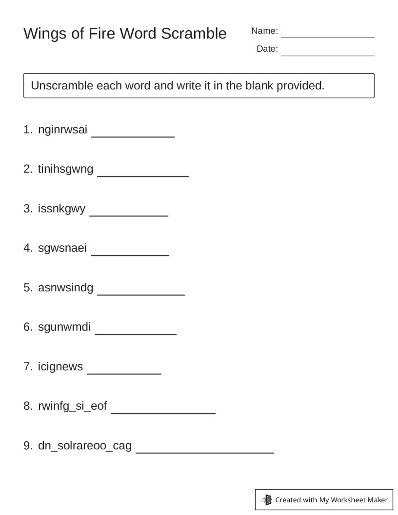 Wings of Fire Word Scramble - My Worksheet Maker: Create Your Own ...