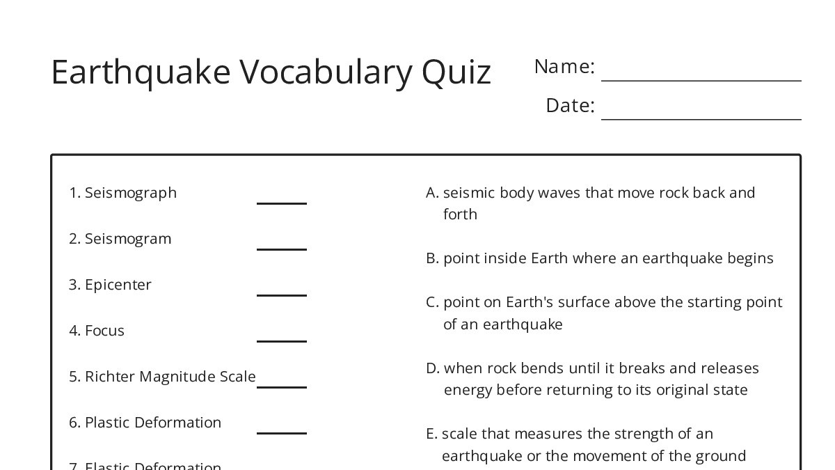 Earthquake Vocabulary Quiz - My Worksheet Maker: Create Your Own Worksheets