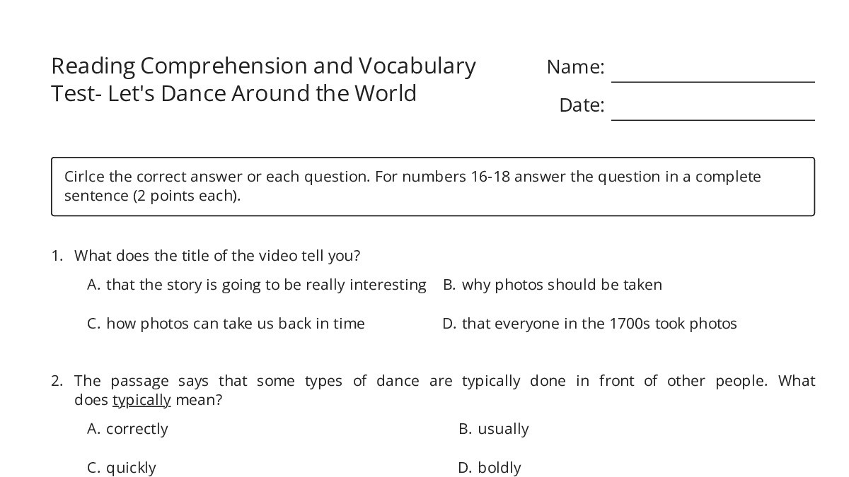 Reading Comprehension and Vocabulary Test- Let's Dance Around the World ...