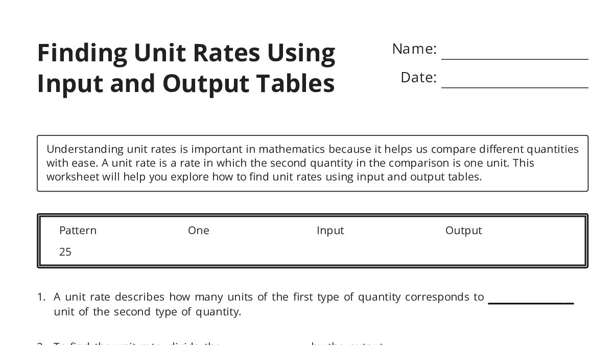Finding Unit Rates Using Input and Output Tables - My Worksheet Maker ...