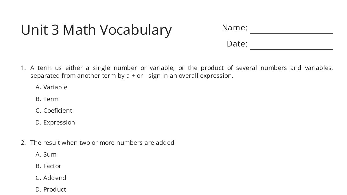 Unit 3 Math Vocabulary - My Worksheet Maker: Create Your Own Worksheets