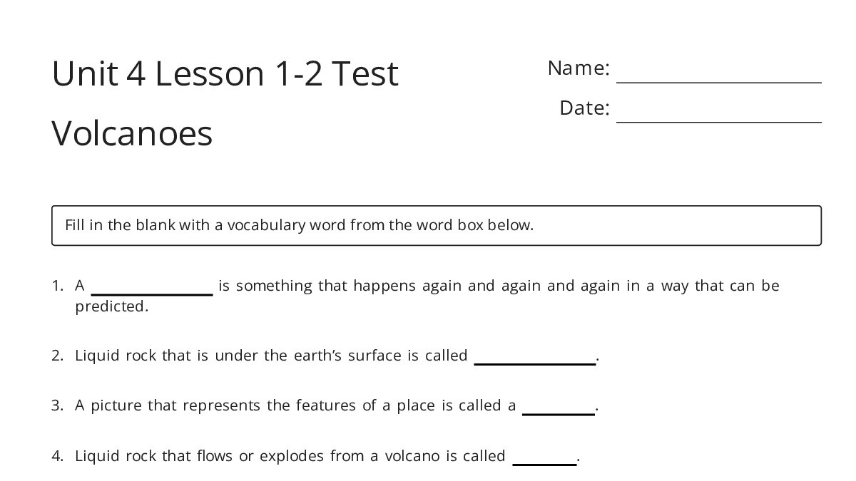 Unit 4 Lesson 1-2 Test Volcanoes - My Worksheet Maker: Create Your Own ...