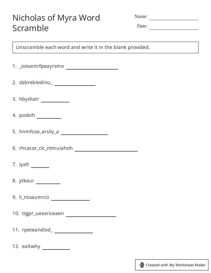 Nicholas of Myra Word Scramble - My Worksheet Maker: Create Your Own ...