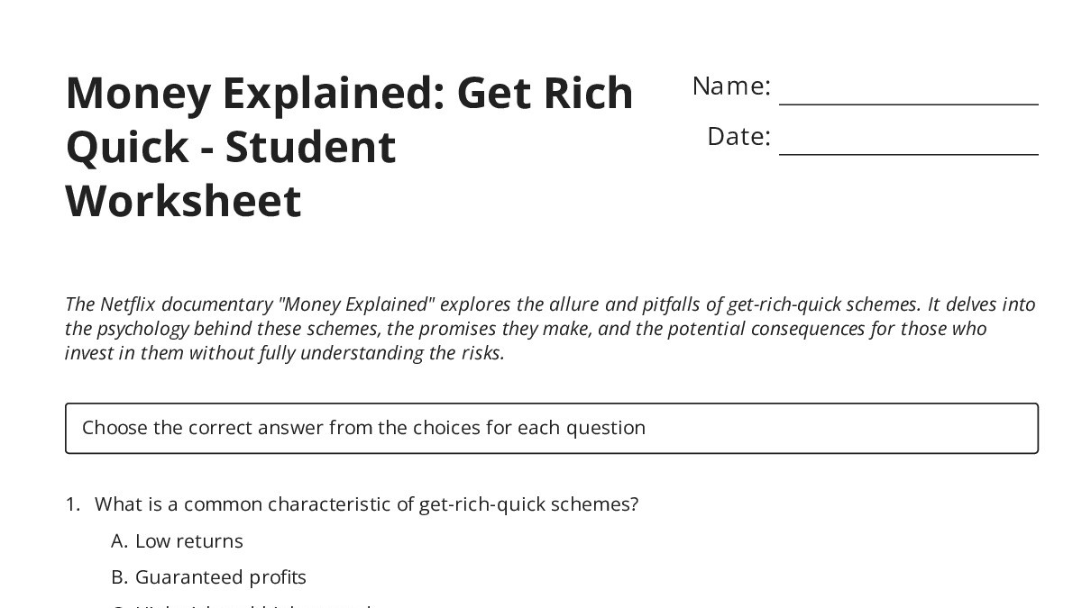 Money Explained: Get Rich Quick - Student Worksheet - My Worksheet ...