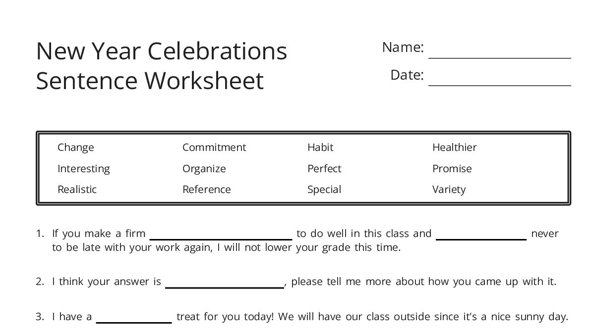 New Year Celebrations Sentence Worksheet - My Worksheet Maker: Create ...