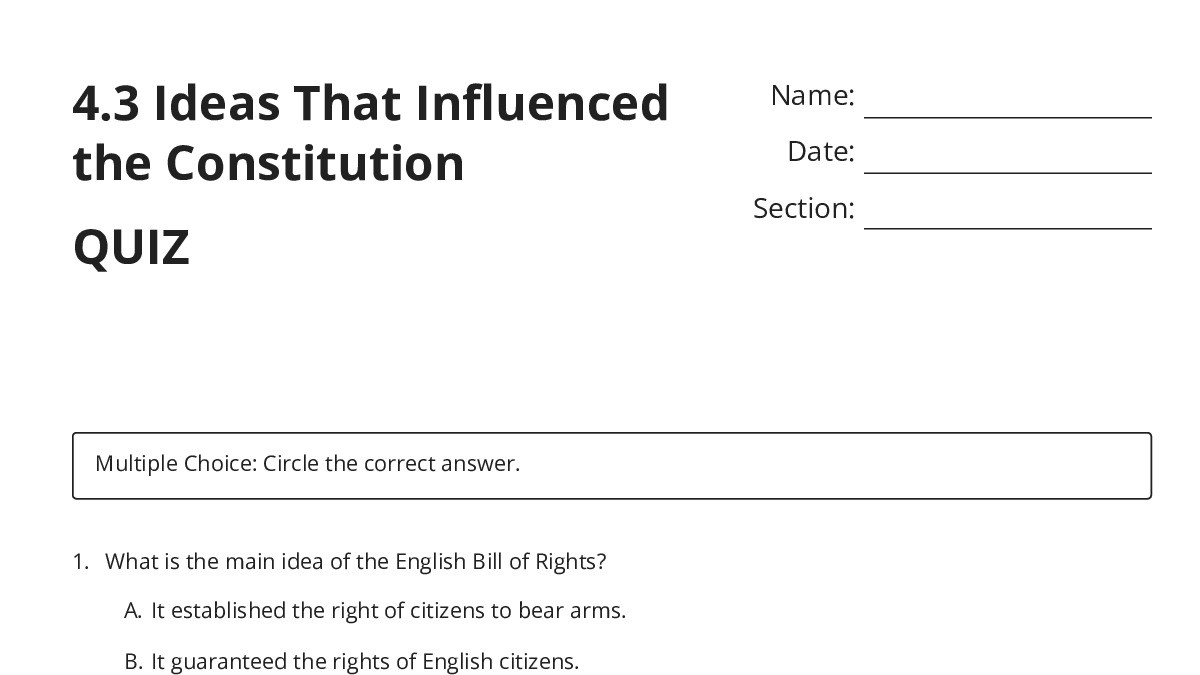 4.3 ﻿Ideas That Influenced the Constitution QUIZ - My Worksheet Maker ...