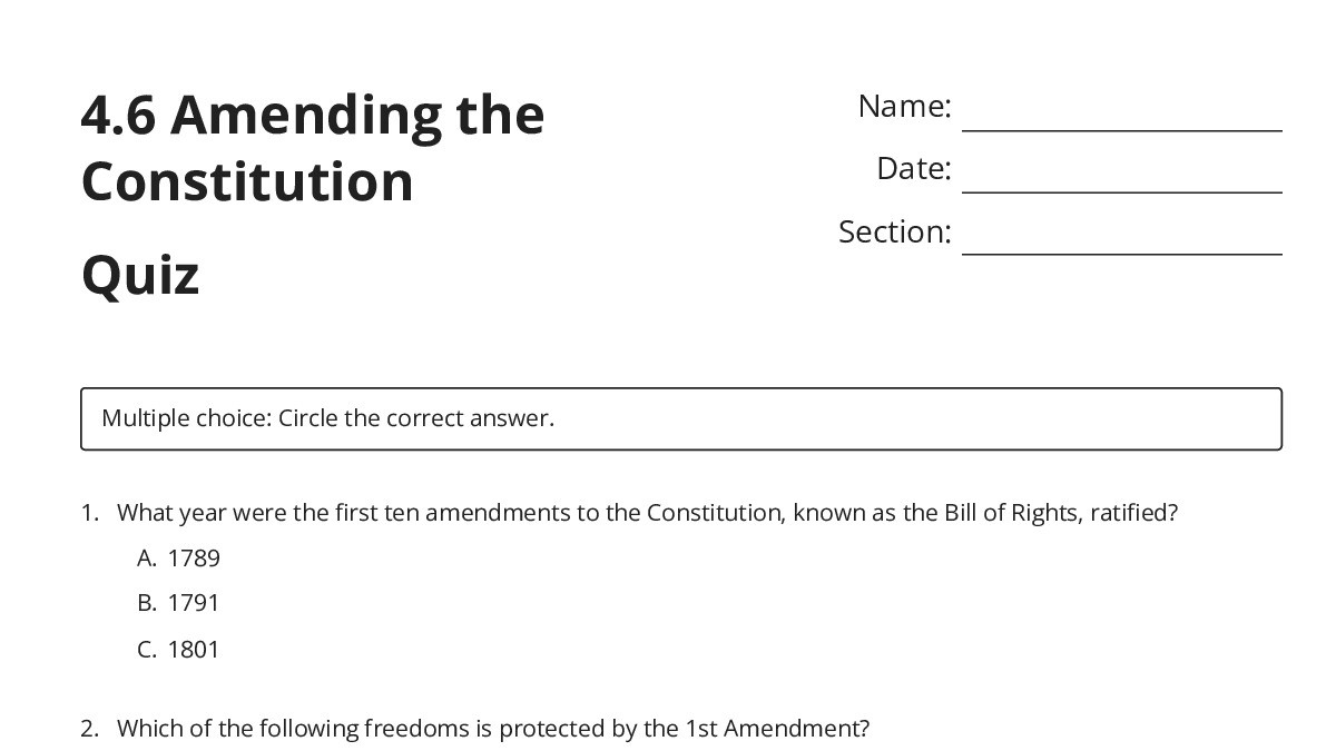 4.6 Amending the Constitution Quiz - My Worksheet Maker: Create Your ...