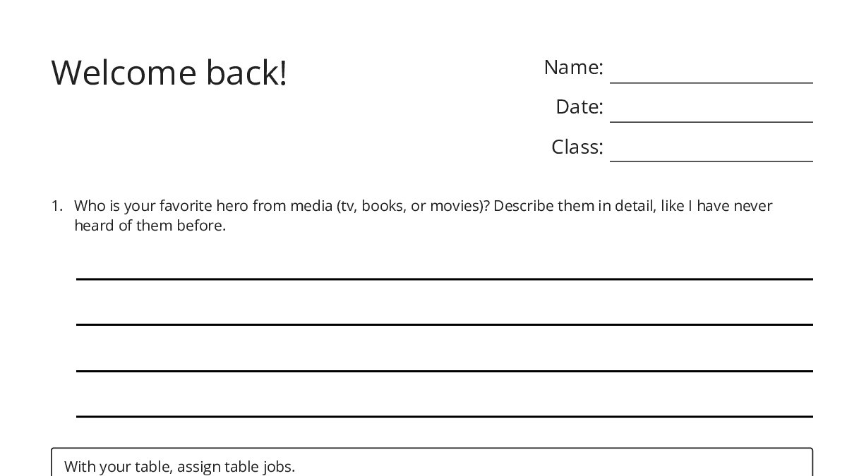 Welcome back! - My Worksheet Maker: Create Your Own Worksheets