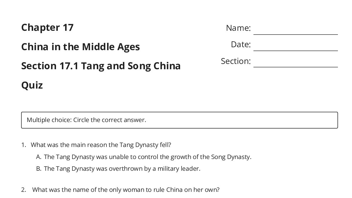 Chapter 17 China in the Middle Ages Section 17.1 Tang and Song China ...