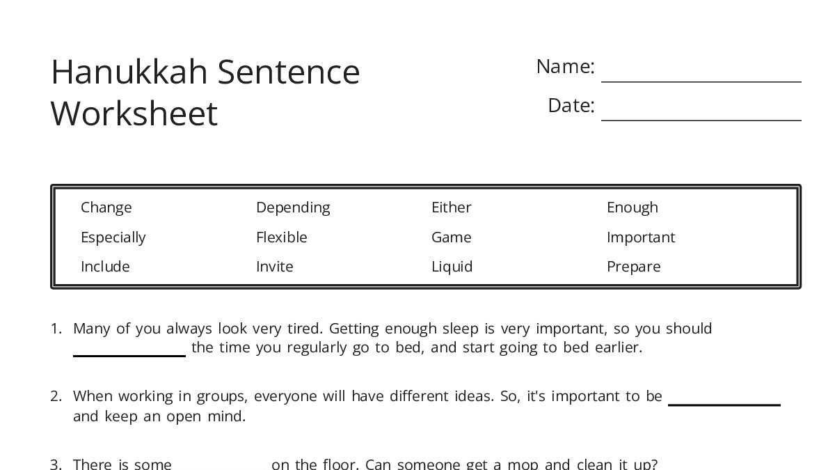 Hanukkah Sentence Worksheet - My Worksheet Maker: Create Your Own ...