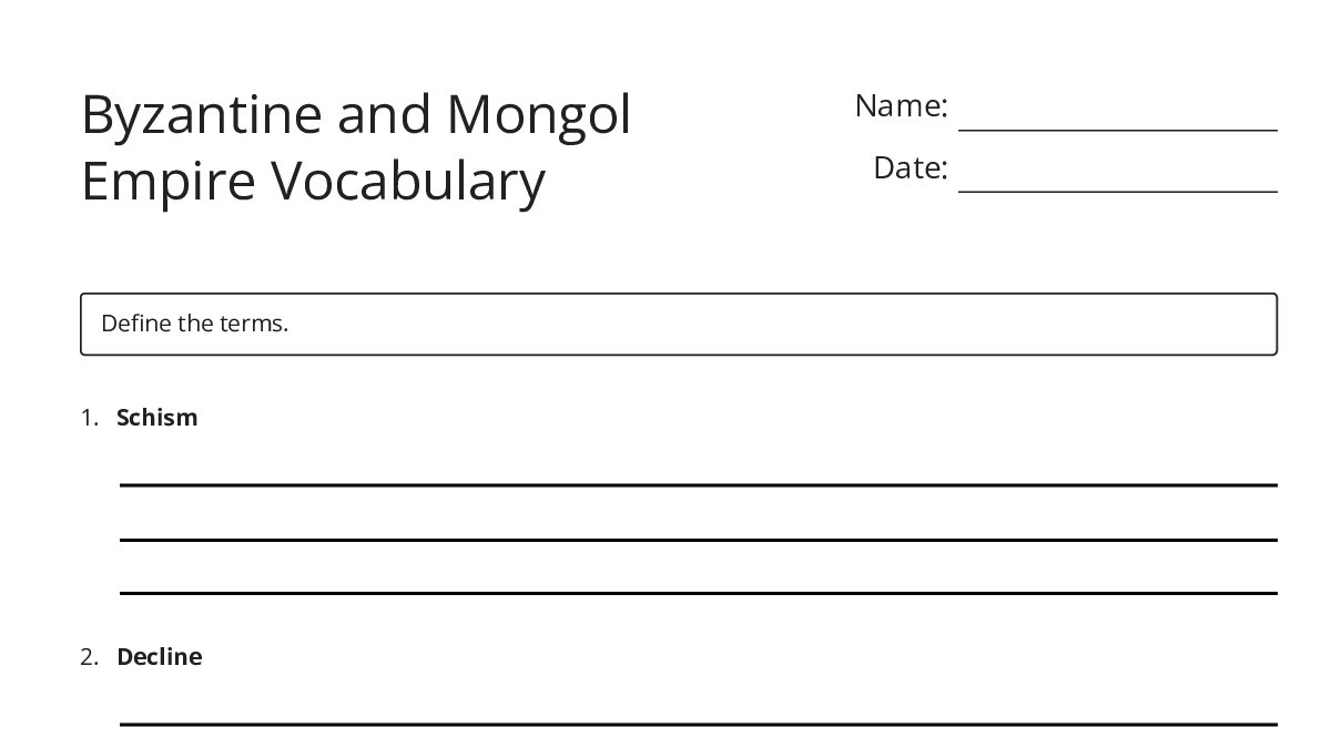 Byzantine and Mongol Empire Vocabulary - My Worksheet Maker: Create ...