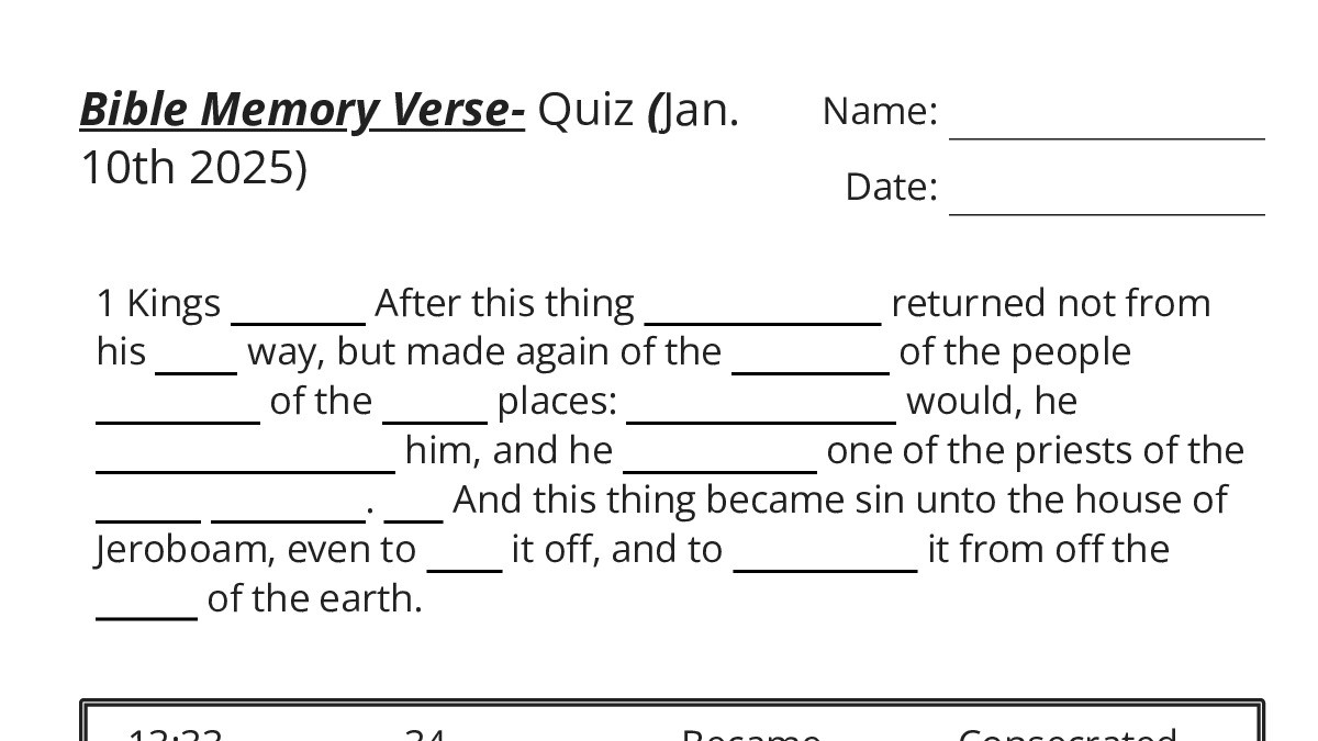 Bible Memory Verse- Quiz (Jan. 10th 2025) - My Worksheet Maker: Create ...