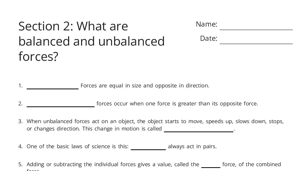 Section 2: What are balanced and unbalanced forces? - My Worksheet ...