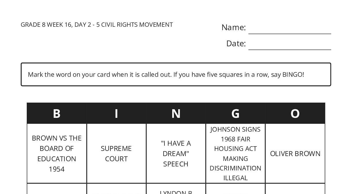 GRADE 8 WEEK 16, DAY 2 - 5 CIVIL RIGHTS MOVEMENT - My Bingo Maker ...