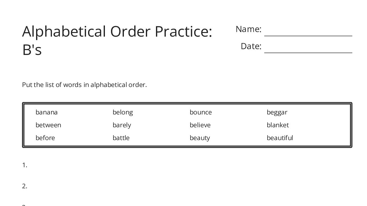 Alphabetical Order Practice: B's - My Worksheet Maker: Create Your Own ...