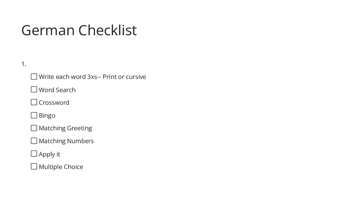German Checklist - My Worksheet Maker: Create Your Own Worksheets