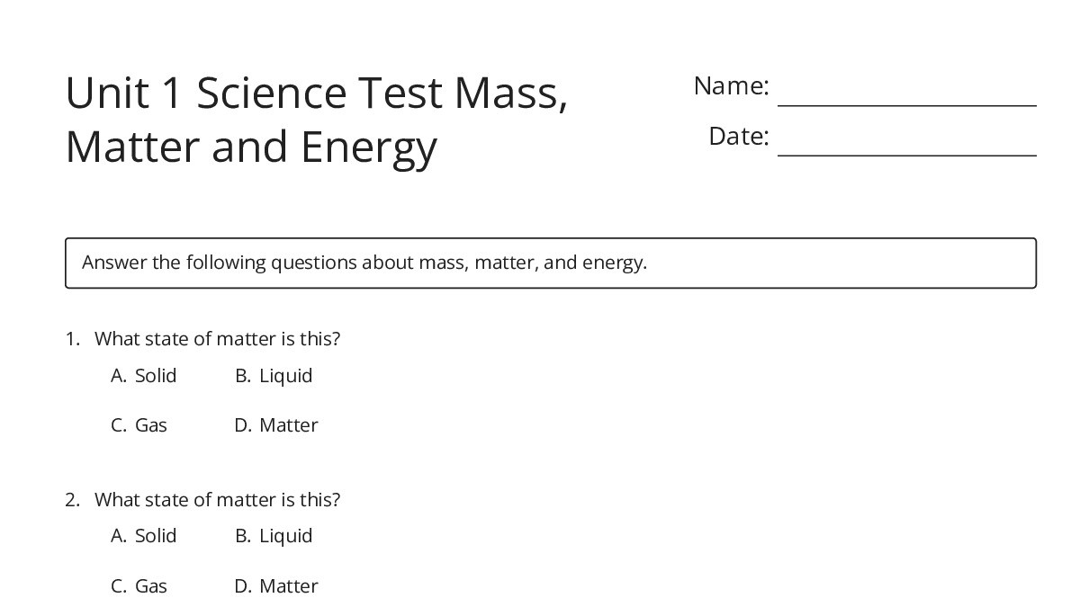 Unit 1 Science Test Mass, Matter and Energy - My Worksheet Maker ...