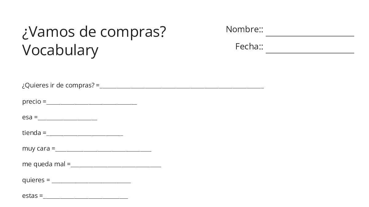 ¿Vamos de compras? Vocabulary - My Worksheet Maker: Create Your Own ...