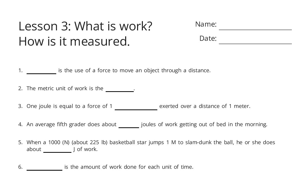 Lesson 3: What is work? How is it measured. - My Worksheet Maker ...