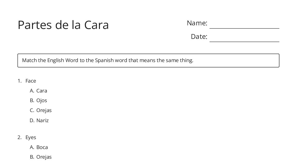 Partes de la Cara - My Worksheet Maker: Create Your Own Worksheets
