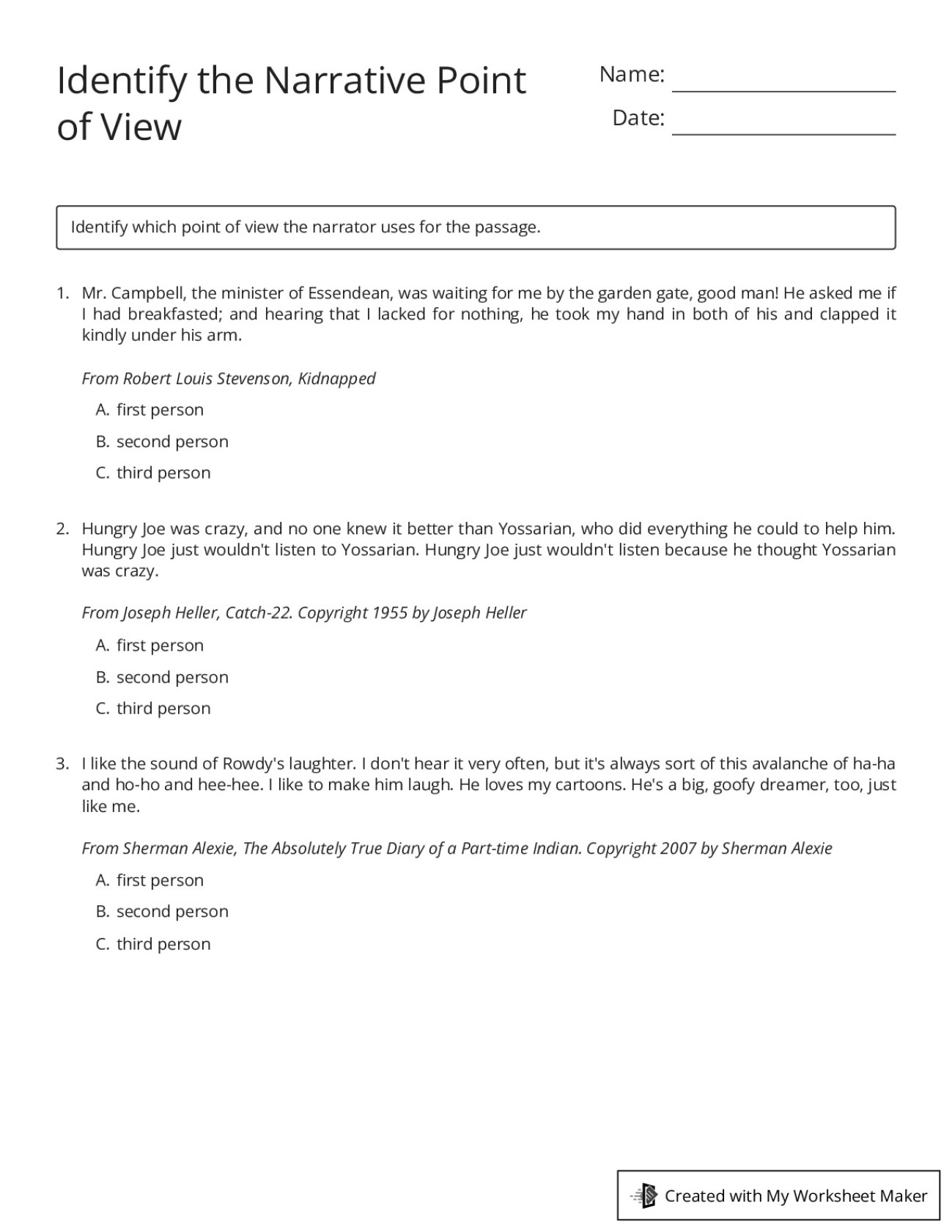 Identifying Narrative Perspective Worksheet Perspective Vs Point Of