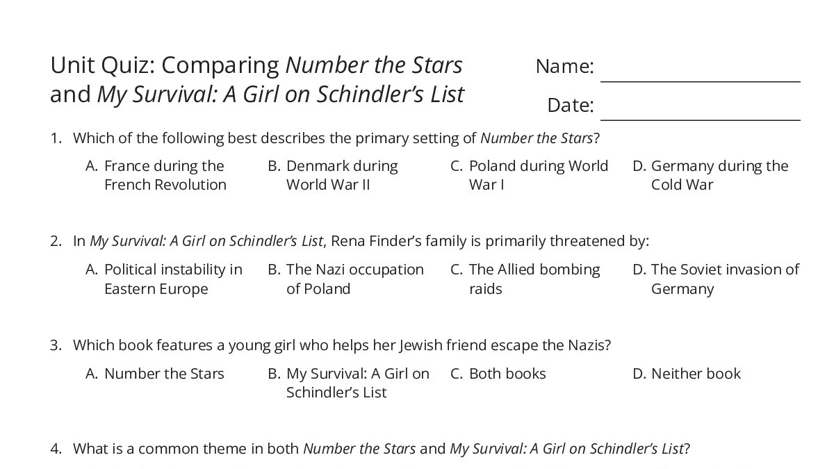 Unit Quiz: Comparing Number the Stars and My Survival: A Girl on ...