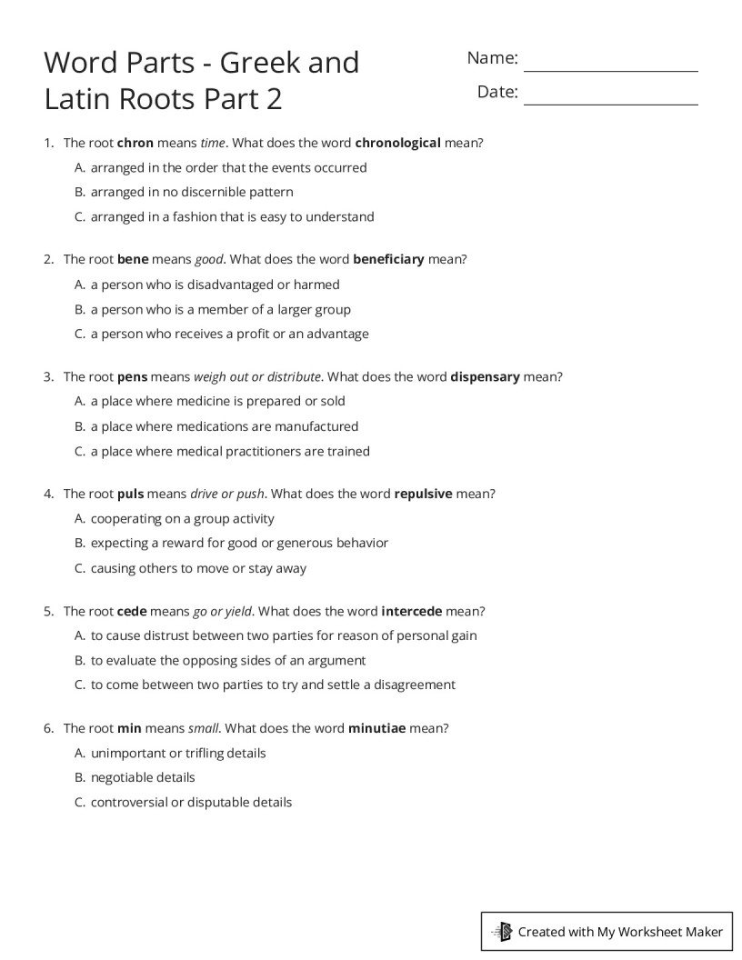 Word Parts - Greek and Latin Roots Part 2 - My Worksheet Maker: Create ...