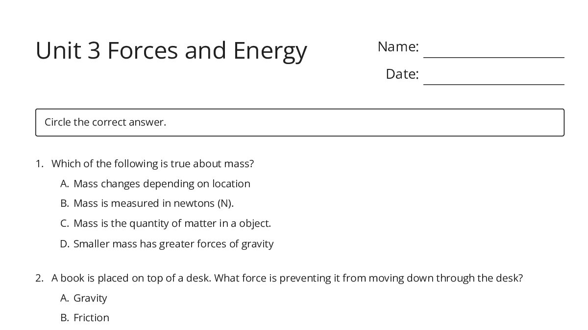 Unit 3 Forces and Energy - My Worksheet Maker: Create Your Own Worksheets