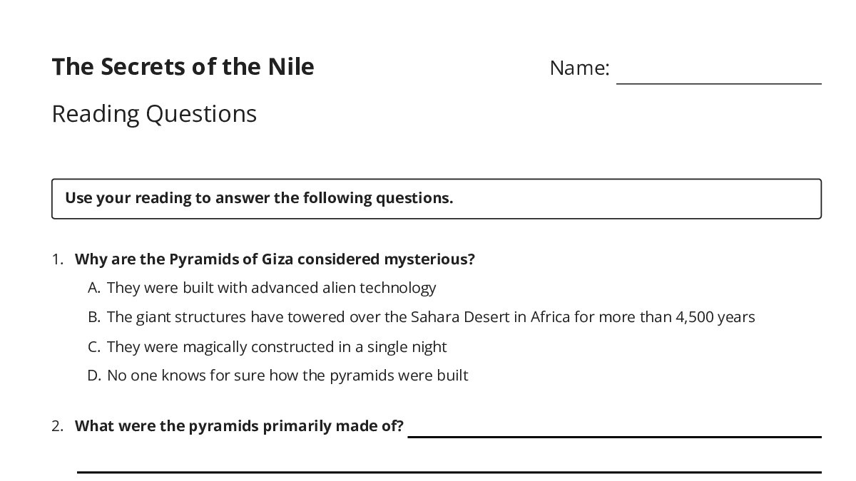 The Secrets of the Nile Reading Questions - My Worksheet Maker: Create ...