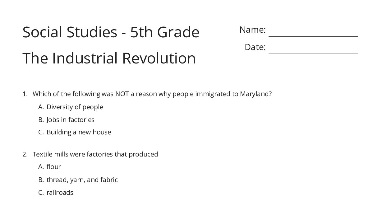 Social Studies - 5th Grade The Industrial Revolution - My Worksheet ...