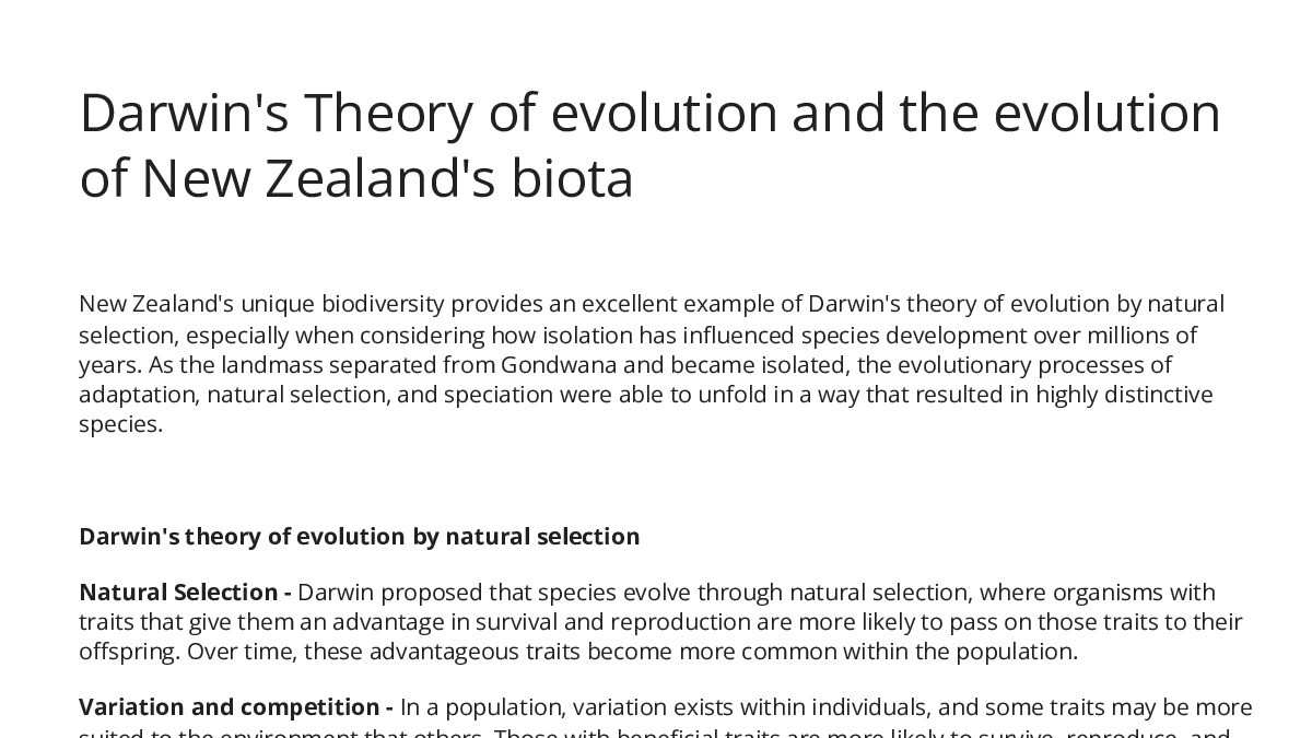 Darwin's Theory of evolution and the evolution of New Zealand's biota ...