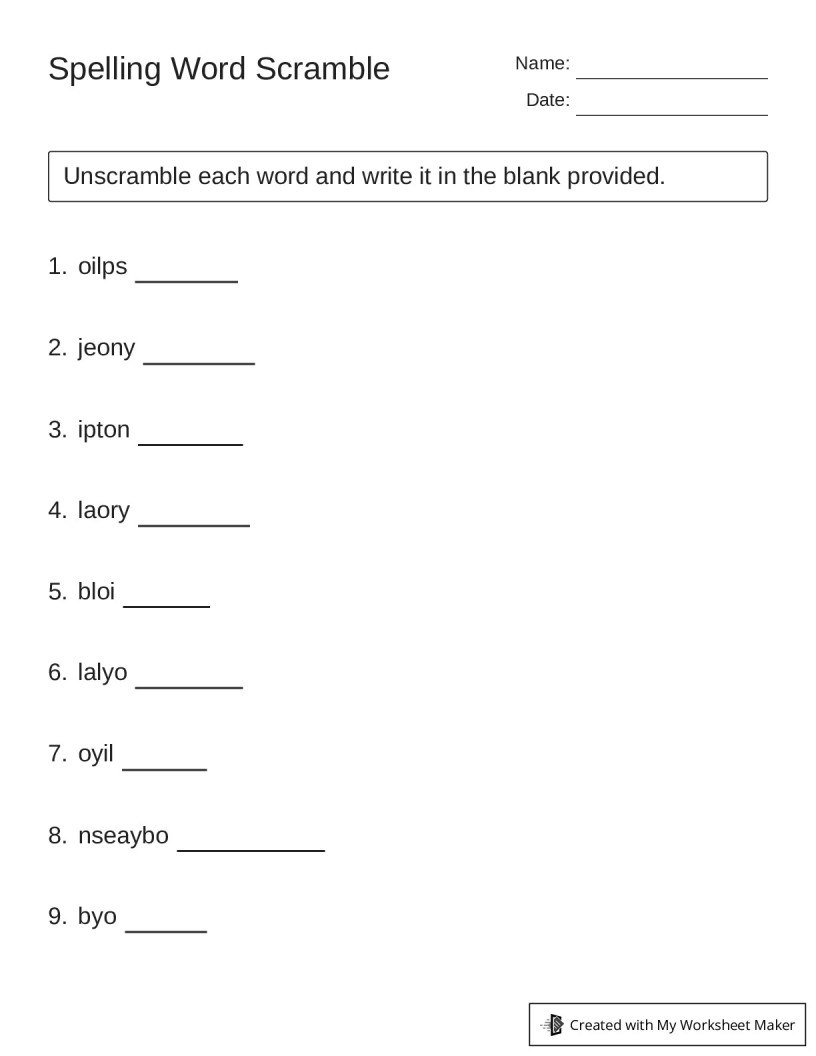 Spelling Word Scramble - My Worksheet Maker: Create Your Own Worksheets