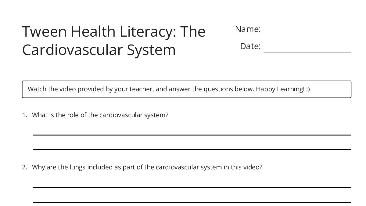Tween Health Literacy: The Cardiovascular System - My Worksheet Maker ...