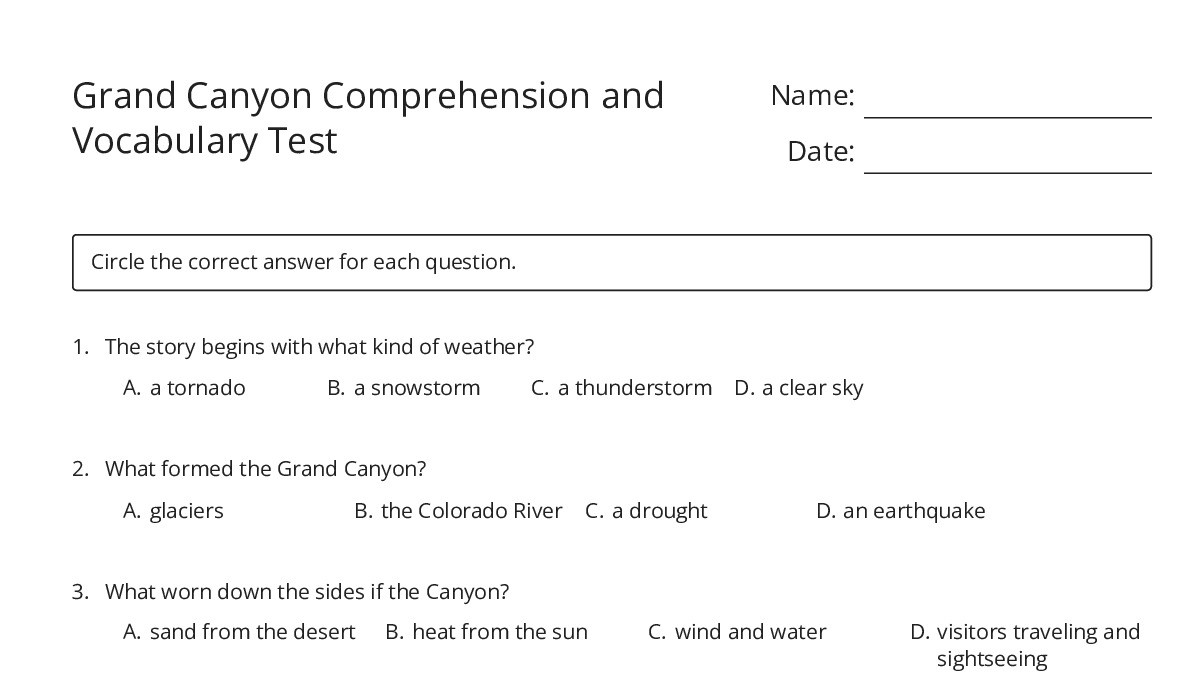 Grand Canyon Comprehension and Vocabulary Test - My Worksheet Maker ...