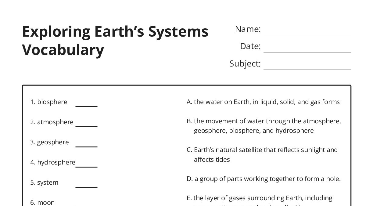 Exploring Earth’s Systems Vocabulary - My Worksheet Maker: Create Your ...