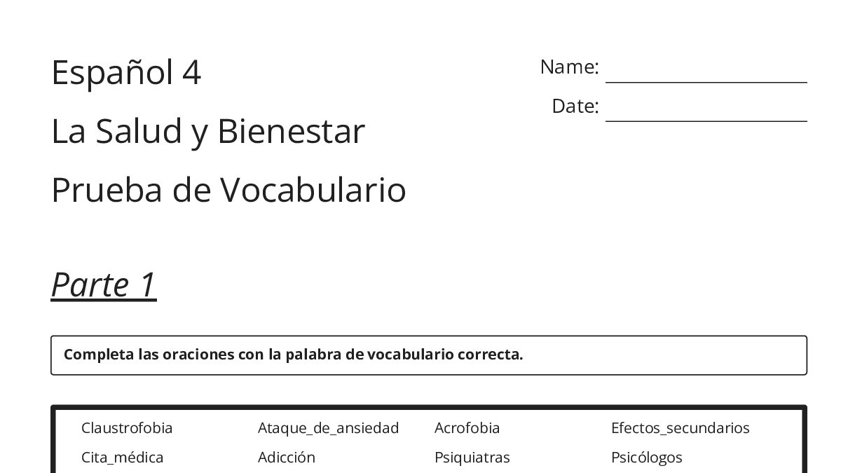 Español 4 La Salud y Bienestar Prueba de Vocabulario - My Worksheet ...