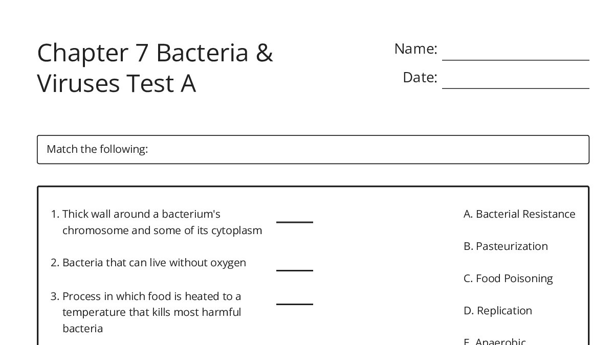 Chapter 7 Bacteria & Viruses Test A - My Worksheet Maker: Create Your ...
