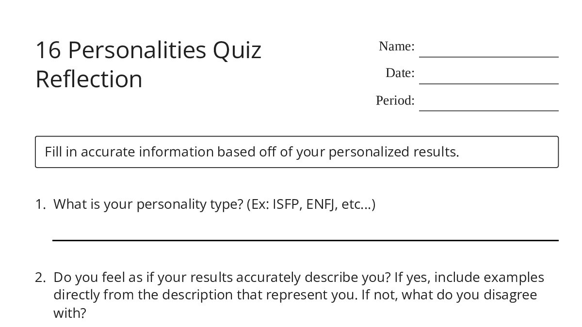 16 Personalities Quiz Reflection - My Worksheet Maker: Create Your Own ...