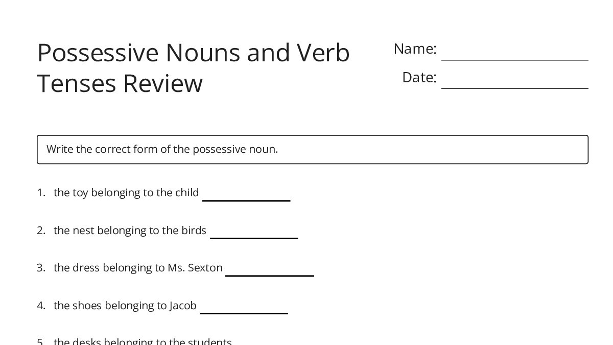 Possessive Nouns and Verb Tenses Review - My Worksheet Maker: Create ...